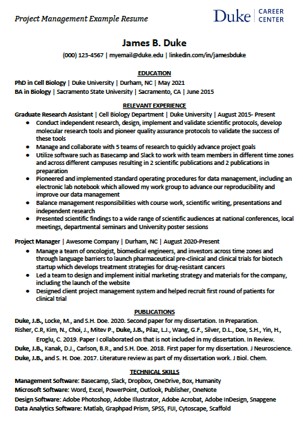 Healthcare & Biomedical Sciences Example Resumes – Career Hub | Duke ...