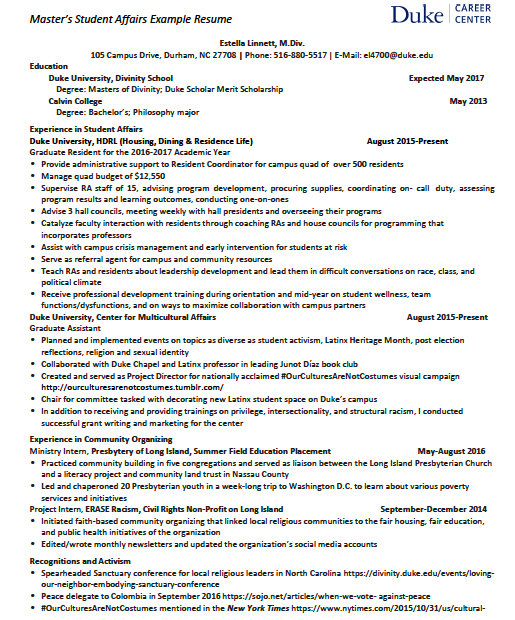 Master’s & PhD Resume Examples – Career Hub | Duke University