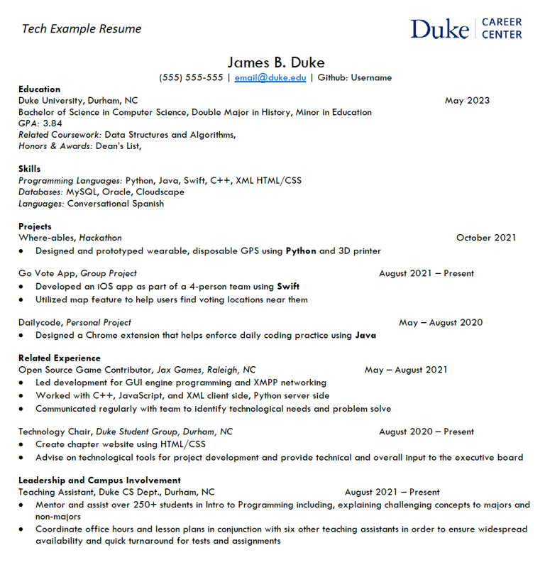 Undergraduate Resume Examples – Career Hub | Duke University