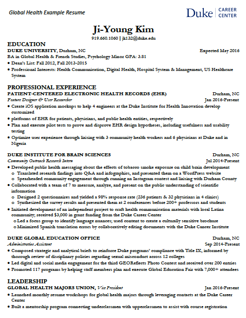Healthcare & Biomedical Sciences Example Resumes – Career Hub | Duke ...